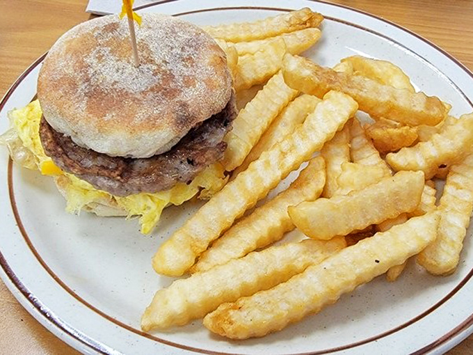 Breakfast sandwich with crinkle-cut fries that makes you question why more breakfast places don't serve fries. Revolutionary thinking, really.