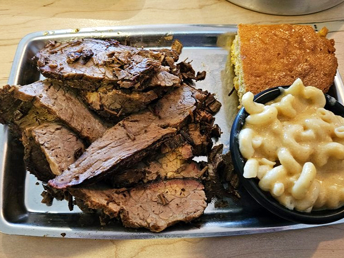 Brisket sliced thick enough to make a Texan nod in approval. Paired with mac and cheese and cornbread, it's a holy trinity of comfort food. 