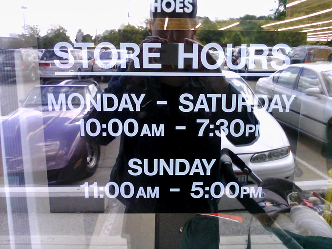 The store hours sign offers the practical information every treasure hunter needs&mdash;including those precious Sunday afternoon hours for weekend warriors.