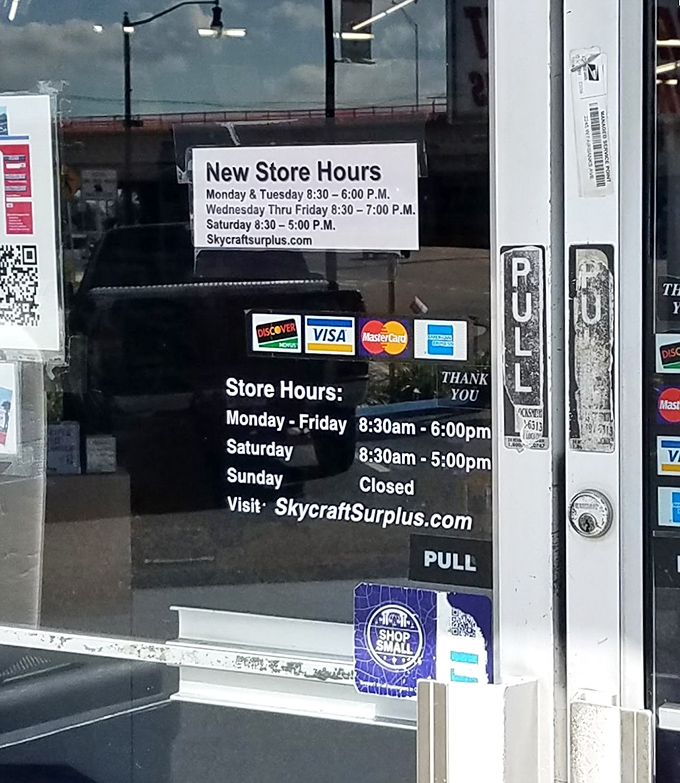 The sacred text of operating hours. Commit these times to memory or risk standing forlornly outside this temple of technology. 