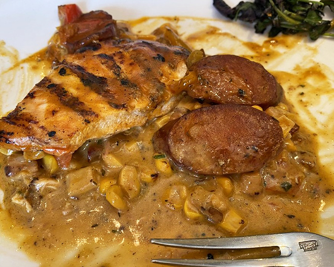 Cajun chicken swimming in a corn-studded sauce that would make New Orleans proud. Comfort food that's dressed up but hasn't forgotten its roots.