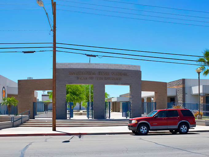 Calipatria High School's impressive entrance stands as a testament to the community's commitment to education despite its remote location and modest resources.