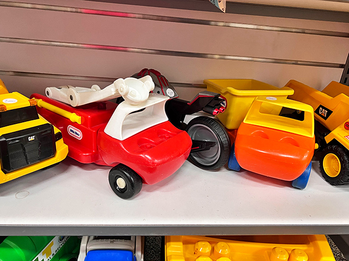 Toy trucks that survived one childhood intact, ready to create memories in another family's playroom.