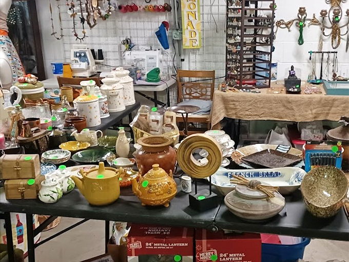 Grandma's kitchen exploded onto these tables! Vintage teapots and serving dishes promise to make your Sunday dinners feel like stepping into a cherished memory.