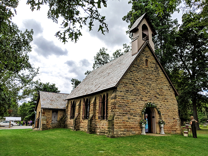 This stone chapel looks like it was plucked from the English countryside. Its weathered walls have witnessed countless weddings, services, and quiet moments.