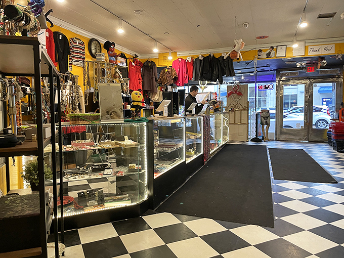 Display cases filled with curiosities line the entrance, offering a first taste of the treasures waiting throughout this labyrinthine wonderland.