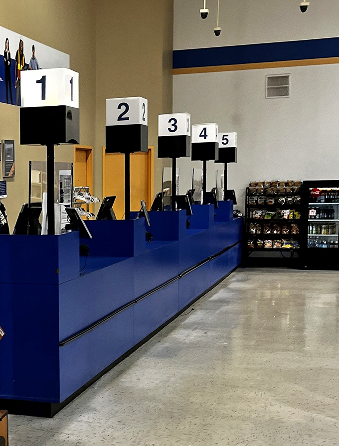 Checkout stations numbered like your winning lottery tickets. The final gateway between you and your newfound treasures.