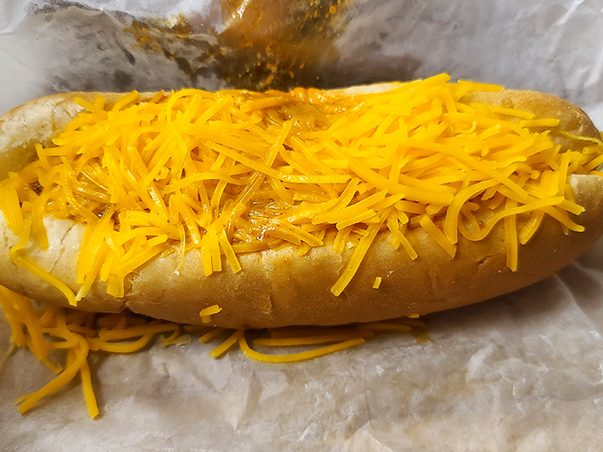 Sometimes happiness is just melted cheese on a hot dog. This cheese coney doesn't need to complicate things to deliver pure satisfaction.