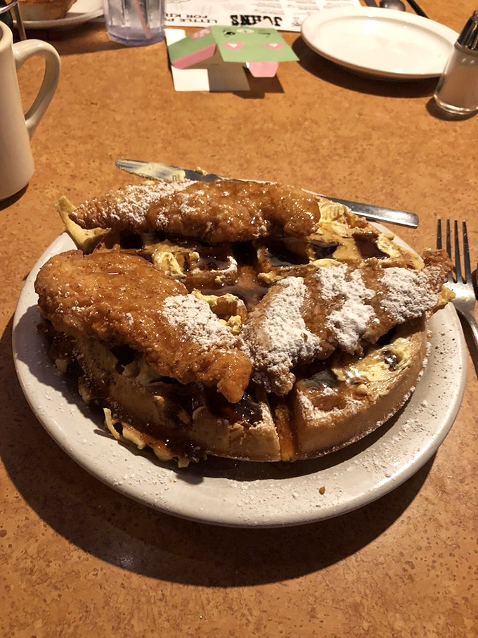 Chicken and waffles—the breakfast-lunch alliance that proves opposites don't just attract, they create culinary magic when they meet.