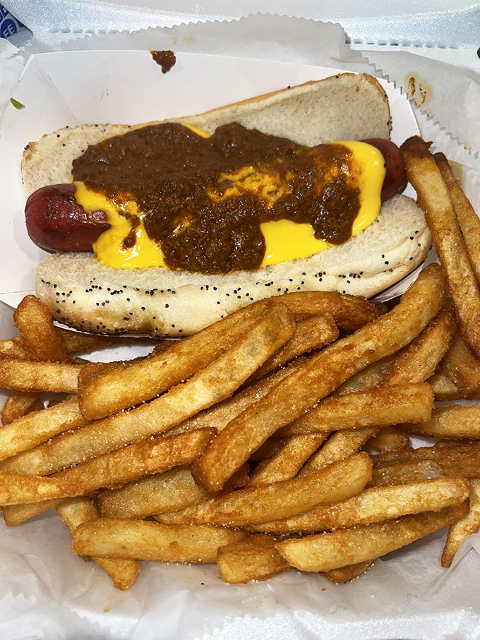 The chili cheese dog and fries&mdash;a combination so perfect it should have its own national holiday. Worth every napkin you'll need.
