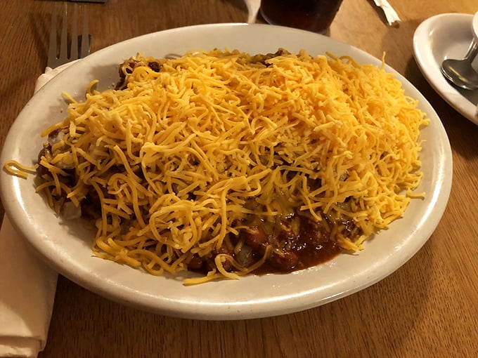 Chili spaghetti under a protective blanket of cheese &ndash; Midwest fusion cuisine that warms you from the inside out on chilly Ohio evenings.