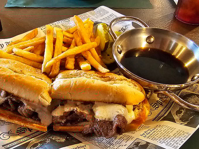 The French dip sandwich with au jus demonstrates how traditional favorites never go out of culinary style.