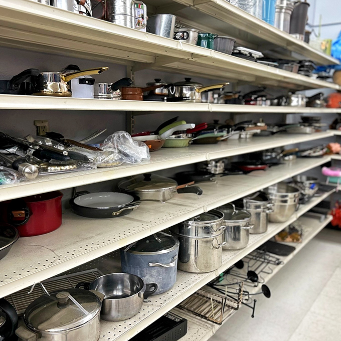 The cookware aisle &ndash; where professional-grade pots mingle with vintage casserole dishes, all waiting to elevate your kitchen game.