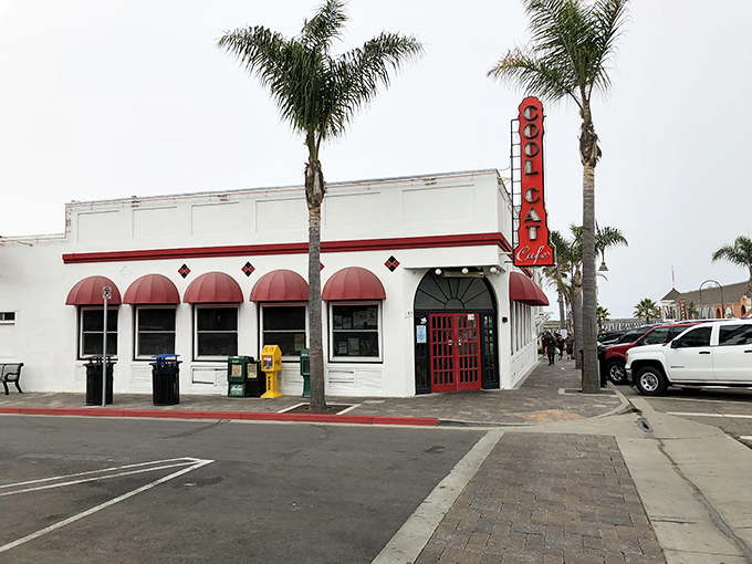 The Cool Cat Cafe's classic white building with red awnings practically screams "come in for a milkshake" in the universal language of American nostalgia.