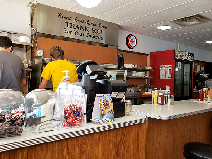 Candy jars at the counter &ndash; because sometimes adults need a treat after finishing their breakfast, just like when we were kids.