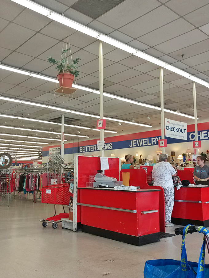The final frontier: checkout counters where treasures become possessions. The red stations mark the transition from "maybe" to "mine."