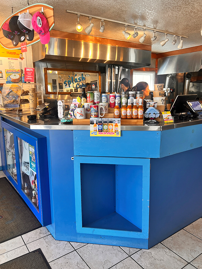The beating heart of the operation – a blue counter where culinary magic happens and hungry visitors transform into satisfied evangelists for Pismo Beach cuisine.