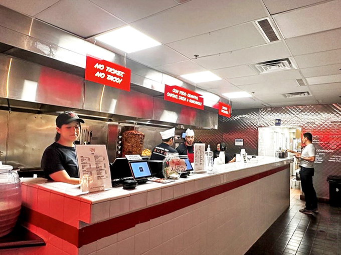 The ordering counter&mdash;where dreams become reality and decisions become delicious. No ticket, no taco&mdash;house rules.