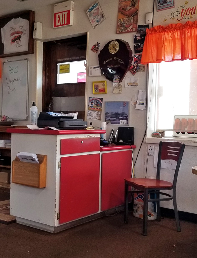 Every small-town diner needs a proper entrance counter with a whiteboard for daily specials and decades of collected memorabilia.