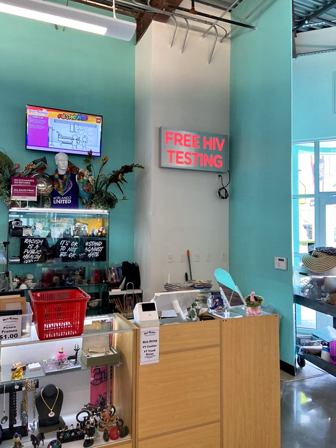 Command central. The checkout area doubles as an information hub for the store's healthcare mission—retail therapy meets actual therapy.