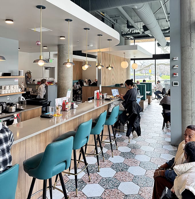 Counter culture, Seattle-style: sleek pendant lights, turquoise chairs, and the promise of perfectly poached eggs make this the breakfast bar of champions.