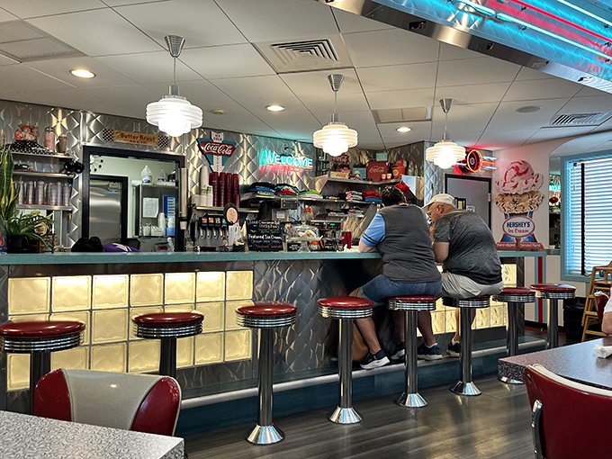 Counter seating&mdash;the best seats in the house for watching short-order magic happen while perched on those classic swivel stools.