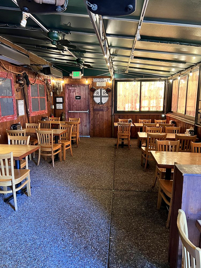 The covered patio offers a more rustic dining experience, where the only thing missing is a Texas sunset.