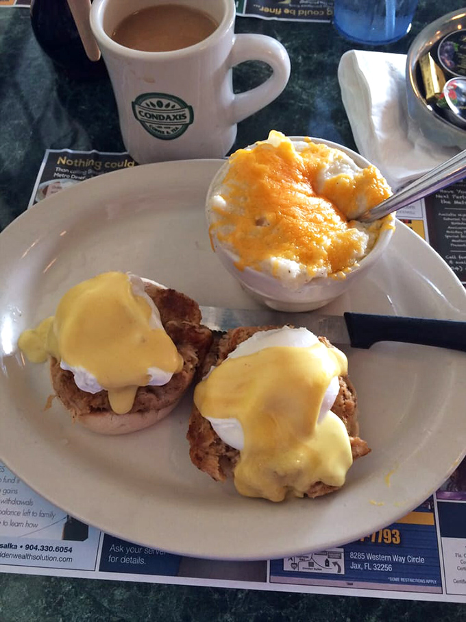 Eggs Benedict with crab cakes instead of Canadian bacon &ndash; because sometimes the classics deserve a coastal Florida upgrade.