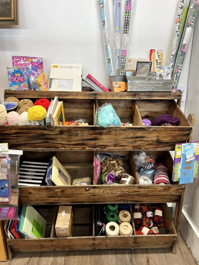 The crafter's corner: where creative projects begin and wallets remain intact. Those wooden compartments practically whisper, "Buy me and get organized!"