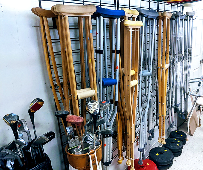 The crutches corner: where temporary setbacks find temporary solutions, and golf clubs wait patiently for their next slice.