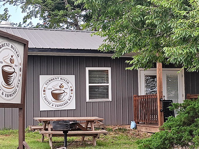 Current River Inn's rustic exterior promises coffee that tastes even better when sipped while planning the day's float trip downstream.