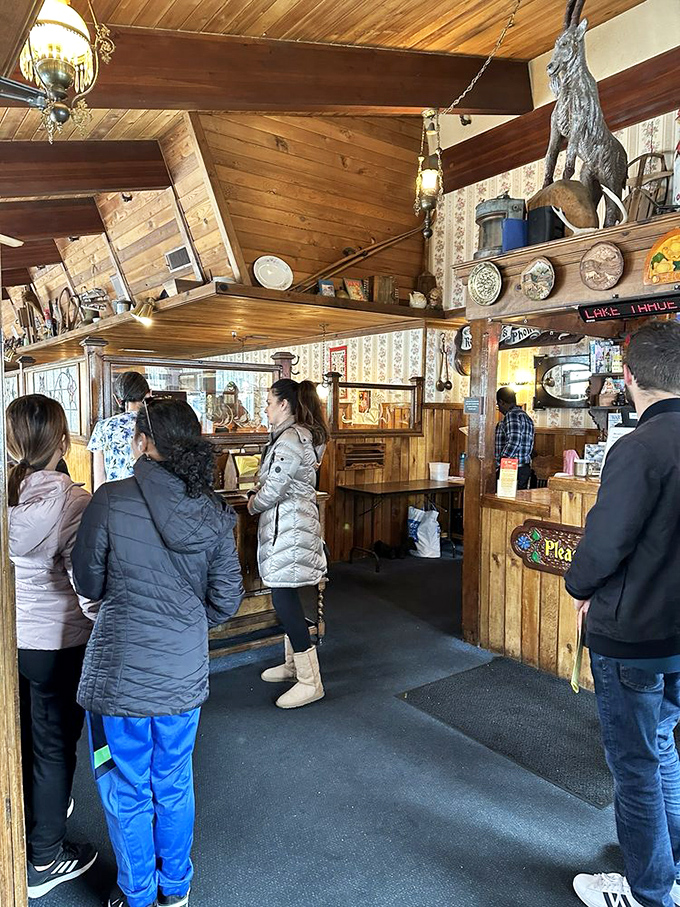 The morning queue forms inside as hungry patrons wait their turn for a taste of Tahoe's most beloved breakfast tradition.