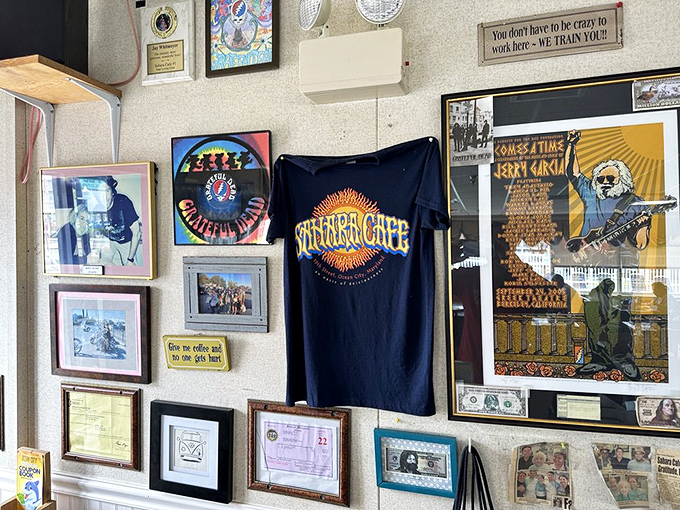 The wall of memories&mdash;concert posters, t-shirts, and local memorabilia&mdash;tells you this isn't just a restaurant, it's a community landmark.