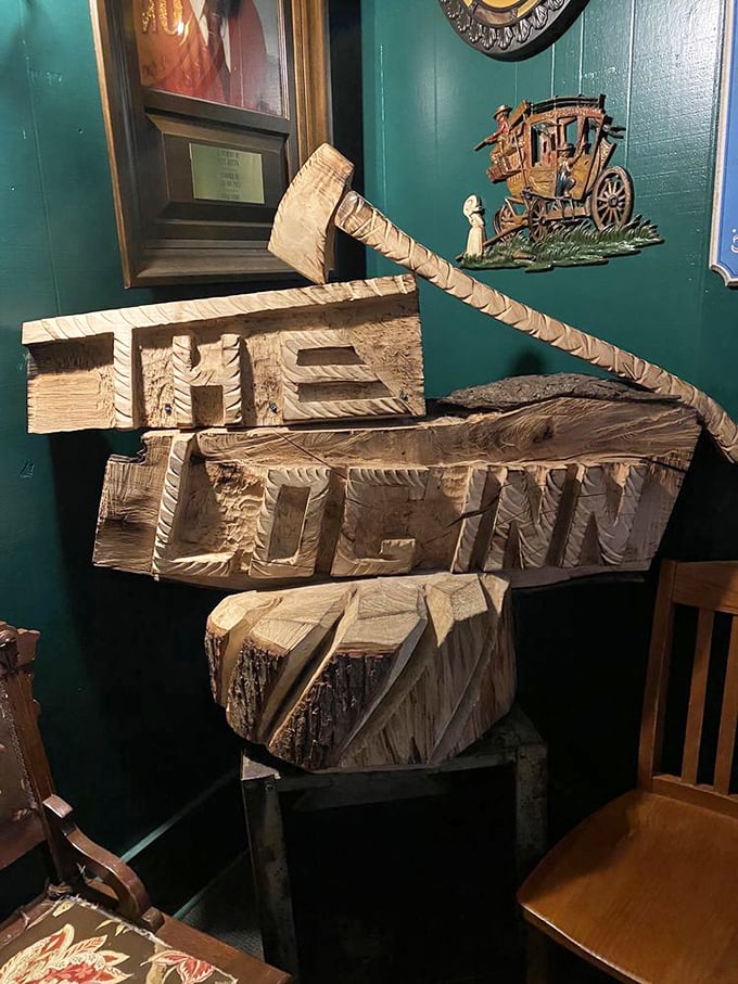 Hand-carved wooden art that reminds us people once created things to last, not just to post on Instagram.