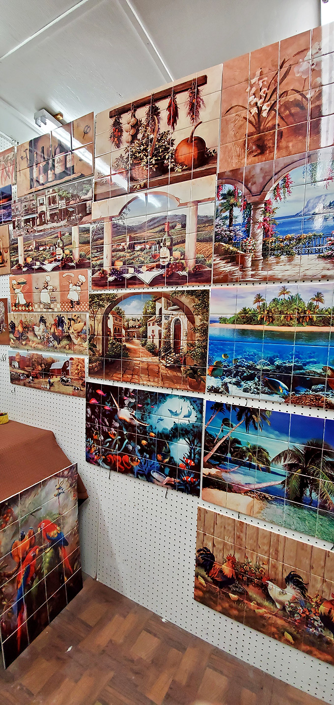 Decorative tiles transform ordinary walls into galleries of color, bringing Mediterranean and tropical vibes to this Florida marketplace.