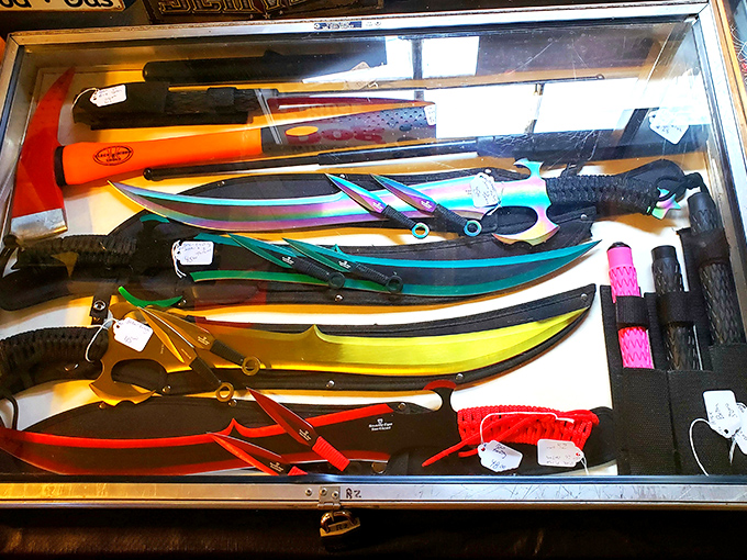 This rainbow of blades would make any swashbuckler swoon. Pirates of the Caribbean meets the Home Shopping Network in the best possible way.