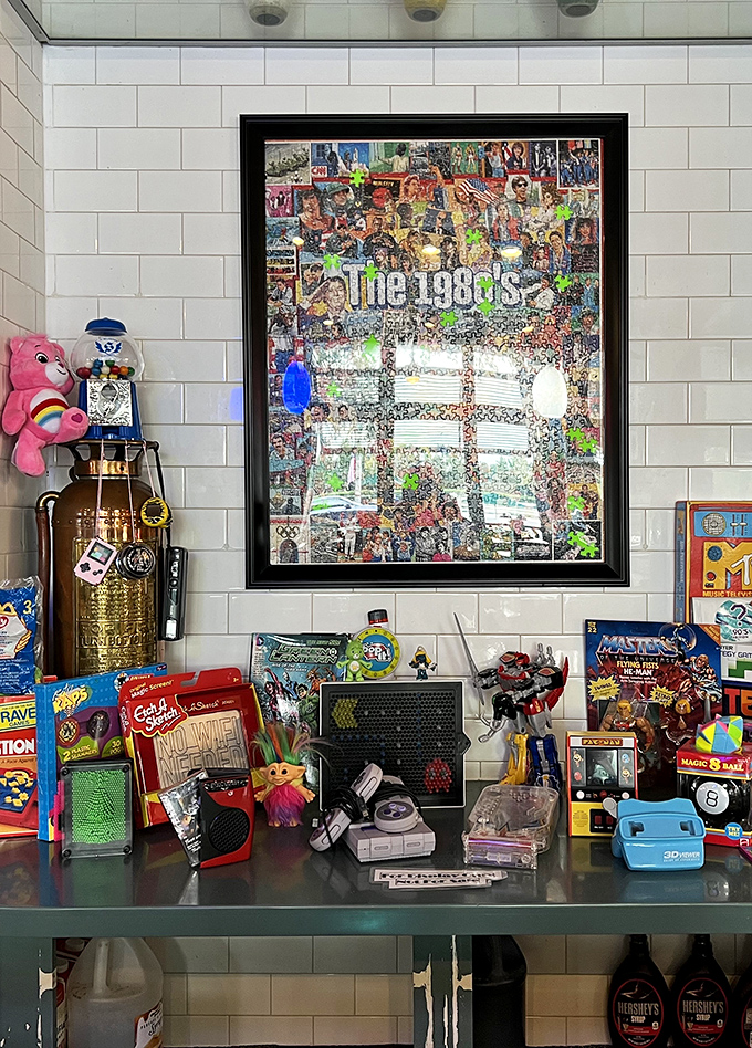 A shrine to 80s nostalgia sits among vintage treasures – proving that good taste extends beyond just the kitchen at Downtown Diner.