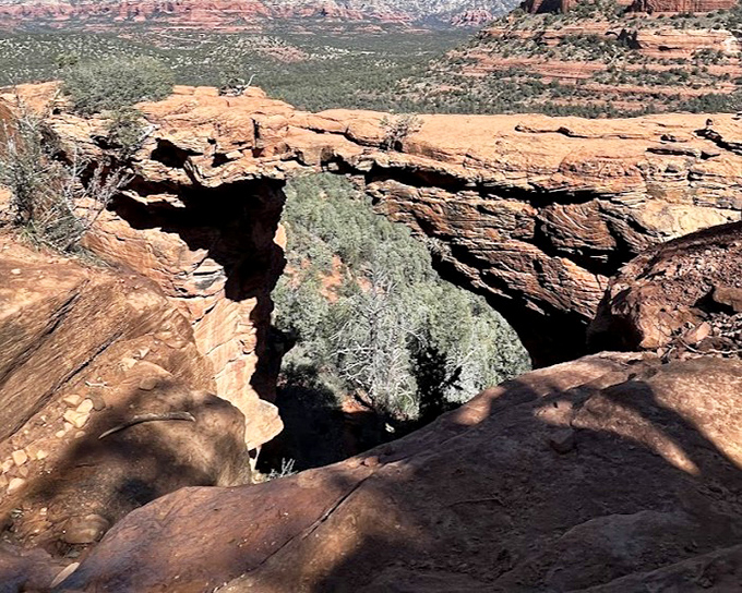 Nature's architectural marvel frames the distant landscape, where red rock formations create windows to views that no human designer could improve upon.