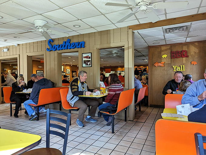 The "Southern BBQ Y'all" sign says it all&mdash;this is where locals and tourists alike gather for a taste of authentic Virginia barbecue tradition.