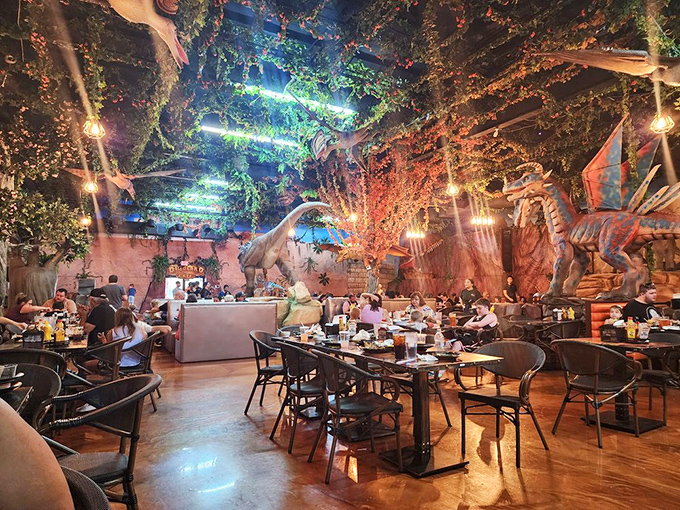 The dining room feels like Jurassic Park reimagined as a cozy hangout spot, minus the running and screaming part.