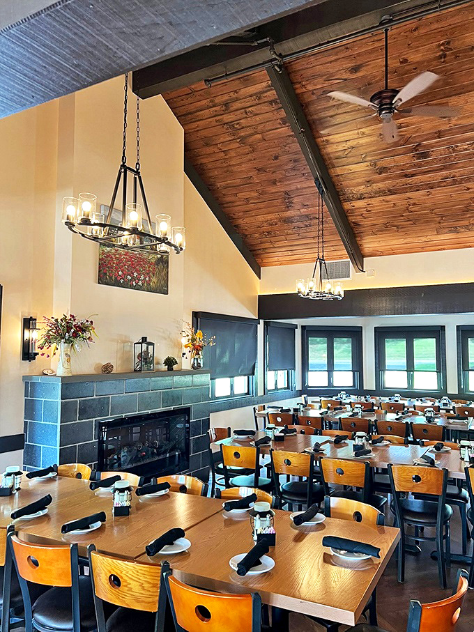 Vaulted wooden ceilings and warm lighting create the perfect atmosphere for important decisions&mdash;like whether to order dessert.