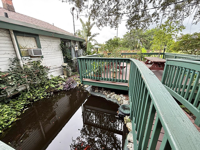 The wooden walkway over a natural pond adds to the Old Florida charm. Dine with nature, just as the seafood gods intended.