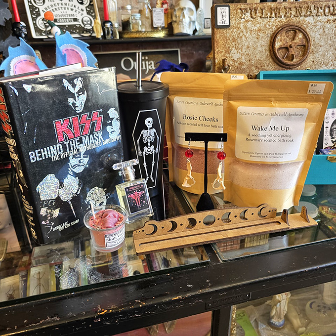 The counter where impulse purchases are born&mdash;KISS memorabilia meets bath products in a retail relationship that somehow makes perfect, peculiar sense.