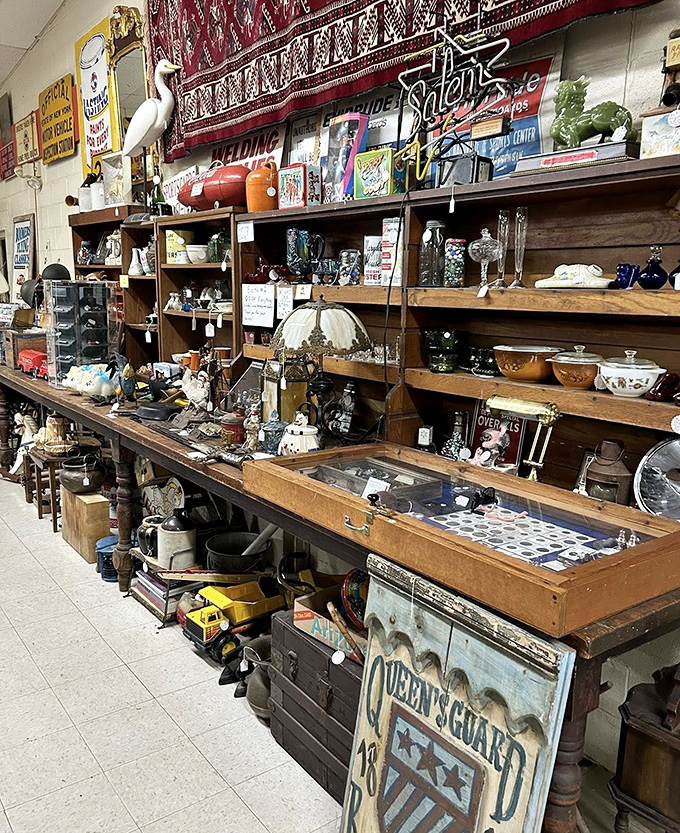 Every shelf tells a different story, from elegant glassware to quirky figurines. It's like your grandmother's china cabinet, but with plot twists.