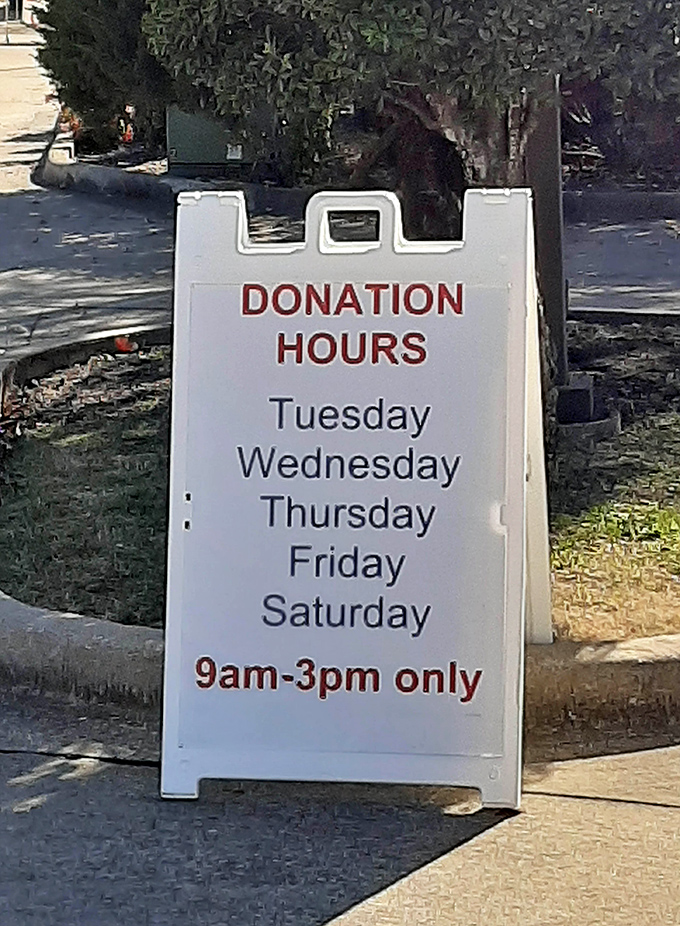 The donation schedule, clearly posted for all to see&mdash;because yesterday's decluttering becomes tomorrow's discovery for another thrifty Texan.
