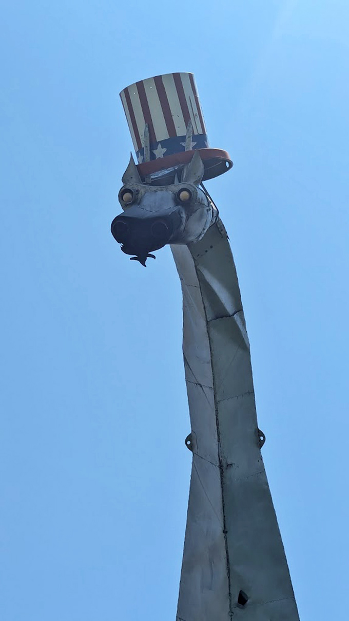 Stars and stripes adorn this patriotic dragon's top hat, proving that even mythical beasts can show their American spirit.