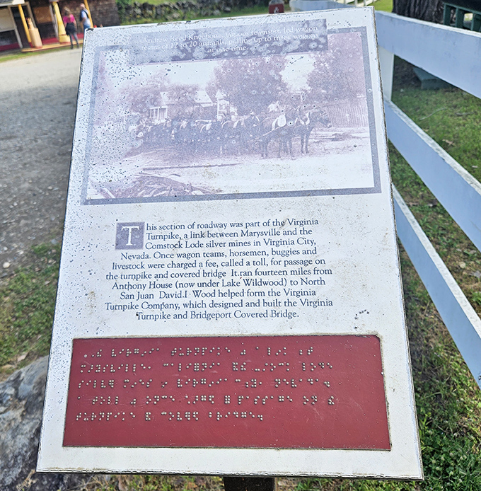 History lessons don't get more tangible than this&mdash;a plaque revealing the bridge's role in connecting California's Gold Country communities.