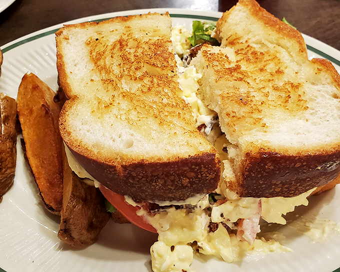 A sandwich that understands the importance of proper cheese-to-bread ratio. Cut diagonally because even in casual dining, geometry matters.