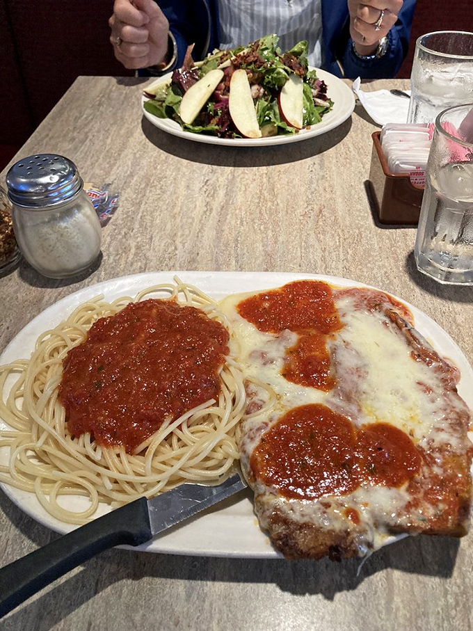 Italian-American comfort on a plate. This eggplant parm and spaghetti duo performs the kind of duet that makes you want an encore.