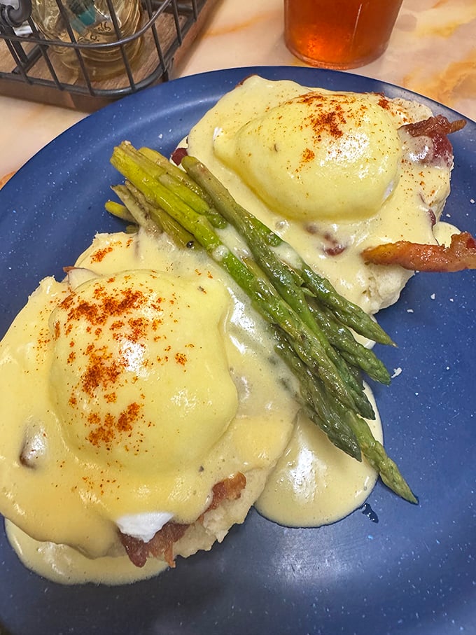 Their eggs Benedict redefines decadence&mdash;perfectly poached eggs draped in hollandaise with asparagus adding a touch of virtue to the indulgence.